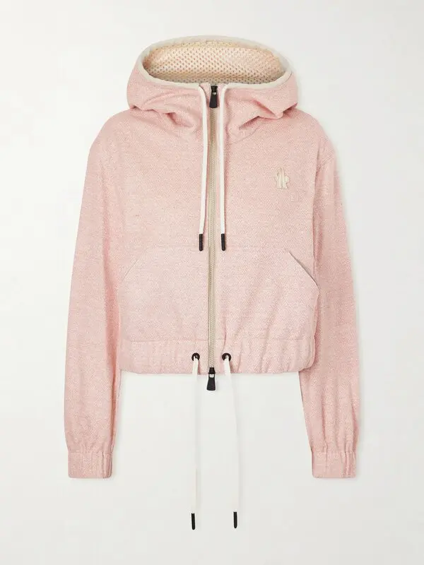 Moncler Appliquéd Canvas-trimmed Linen And Cotton-blend Zip-up Hoodie - Pink