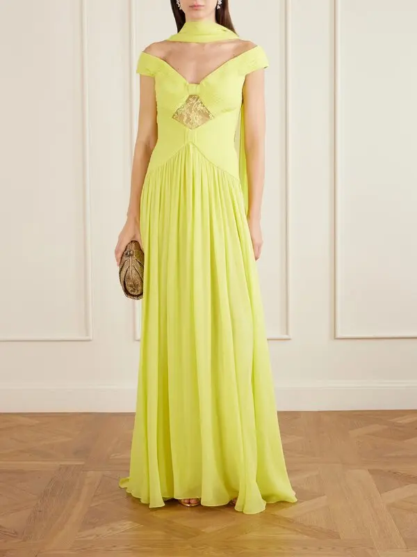 Elie Saab Lace-trimmed Silk-blend Gown - Green