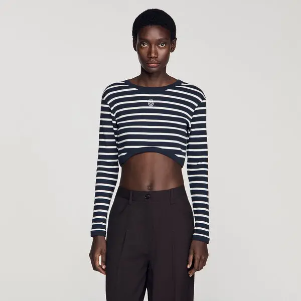 Sandro Cropped Striped Cotton T-shirt