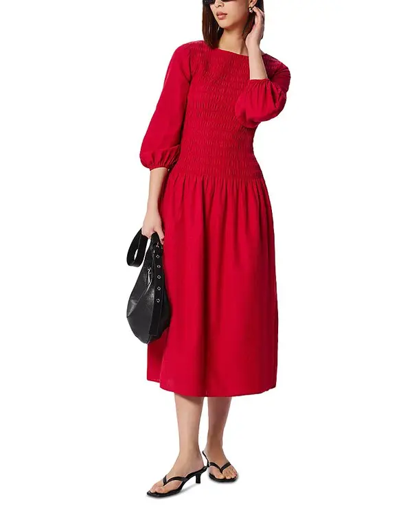 Whistles Smocked Bodice Midi Dress - Red