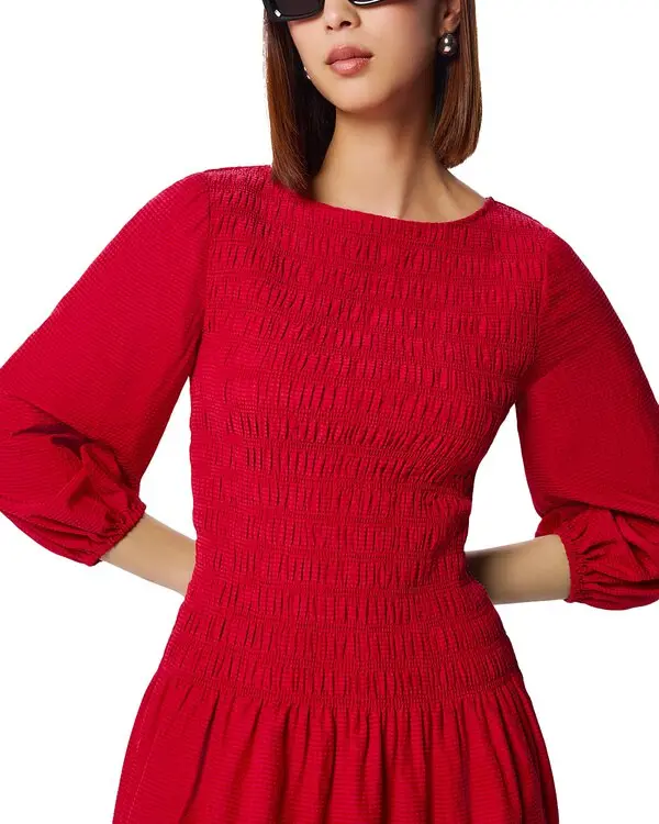 Whistles Smocked Bodice Midi Dress - Red