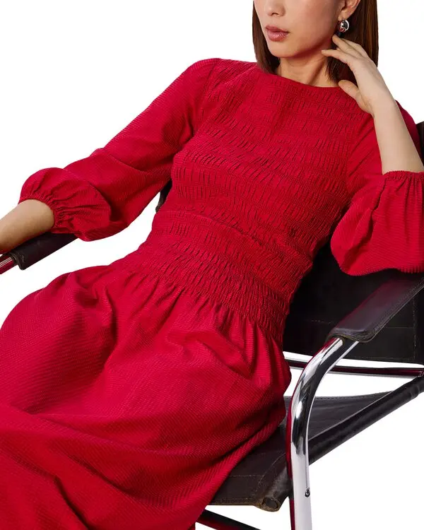 Whistles Smocked Bodice Midi Dress - Red