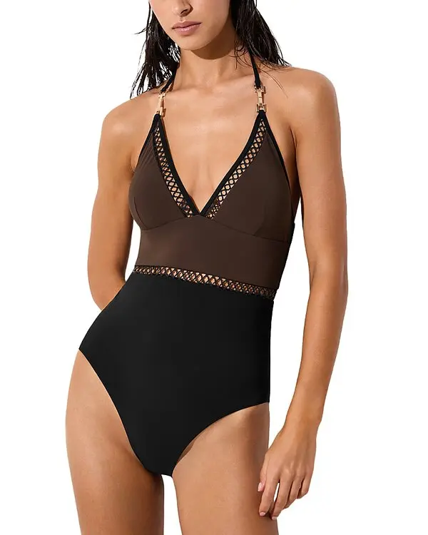 REISS Color Block One-piece Swimsuit - Chocolate