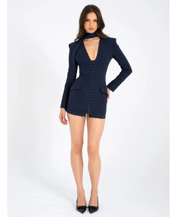 MISS CIRCLE NEW YORK Tahlia Pinstripe Blazer Dress With Scarf