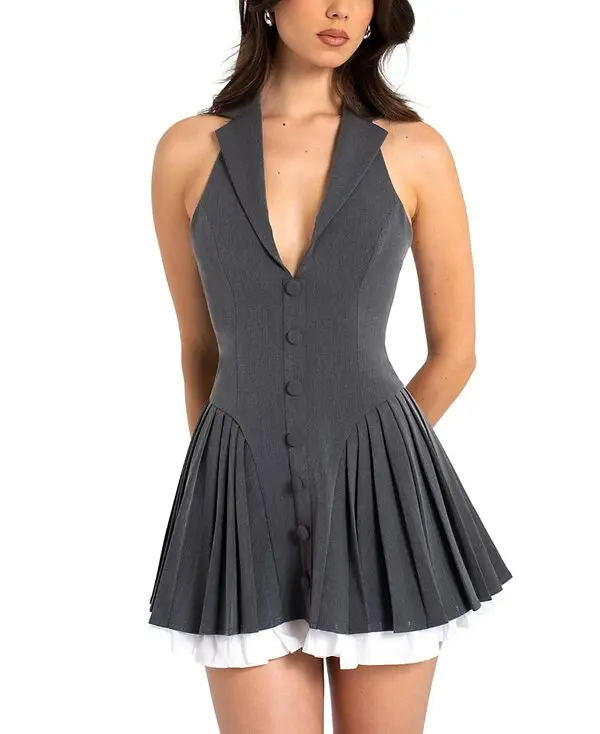 MISS CIRCLE NEW YORK Halter Neck Pleated Mini Dress - Grey