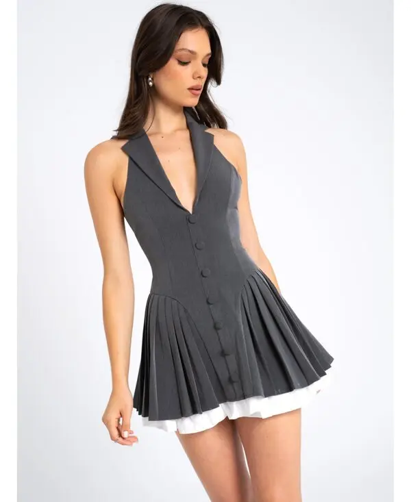 MISS CIRCLE NEW YORK Halter Neck Pleated Mini Dress - Grey