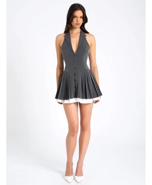 MISS CIRCLE NEW YORK Halter Neck Pleated Mini Dress - Grey