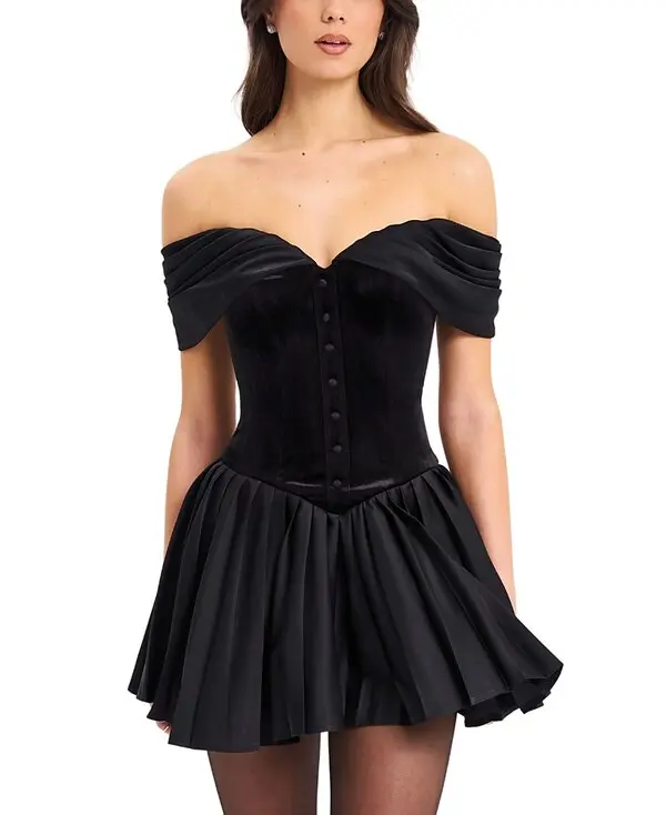 MISS CIRCLE NEW YORK Echo Velvet Off-shoulder Pleated Mini Dress - Black
