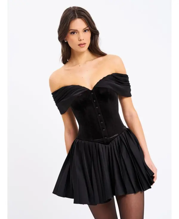 MISS CIRCLE NEW YORK Echo Velvet Off-shoulder Pleated Mini Dress