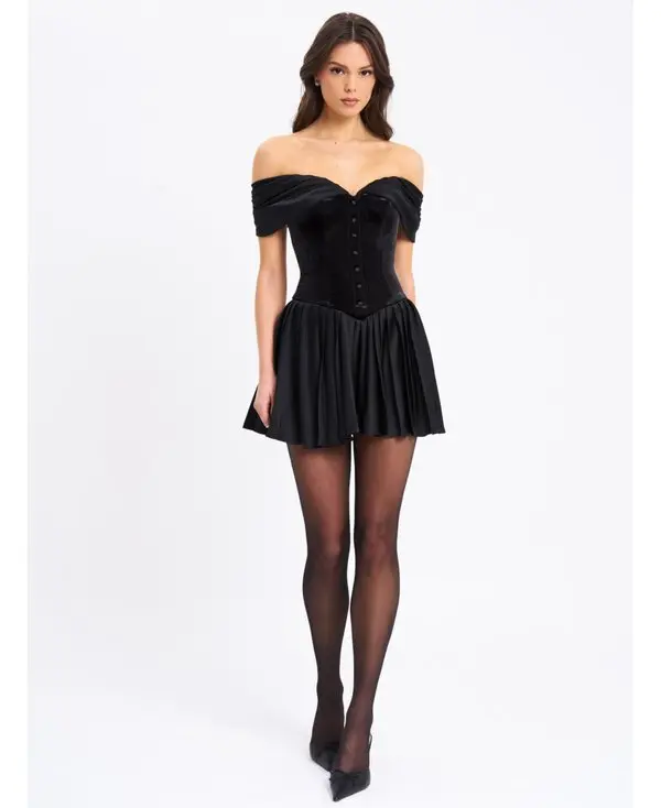 MISS CIRCLE NEW YORK Echo Velvet Off-shoulder Pleated Mini Dress