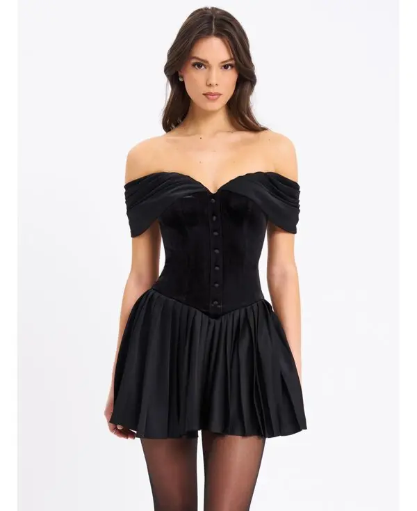 MISS CIRCLE NEW YORK Echo Velvet Off-shoulder Pleated Mini Dress
