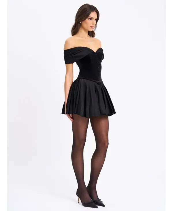MISS CIRCLE NEW YORK Echo Velvet Off-shoulder Pleated Mini Dress