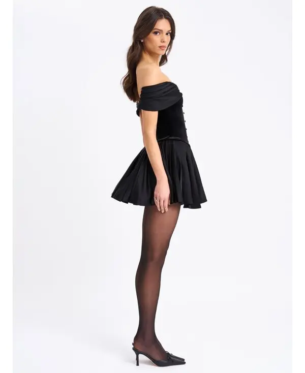MISS CIRCLE NEW YORK Echo Velvet Off-shoulder Pleated Mini Dress