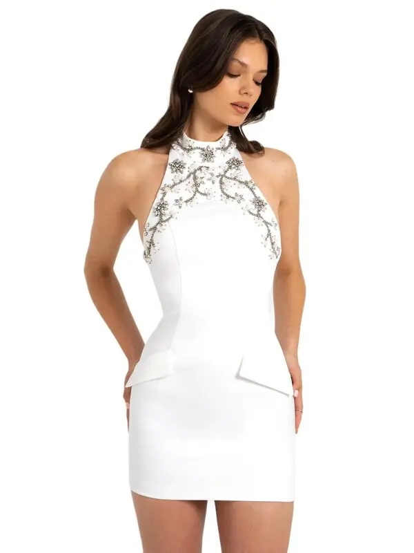 MISS CIRCLE NEW YORK Halter Neck Crystal And Faux Pearl Mini Dress