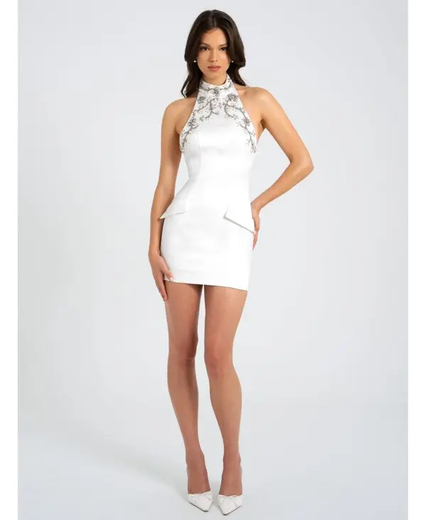MISS CIRCLE NEW YORK Halter Neck Crystal And Faux Pearl Mini Dress
