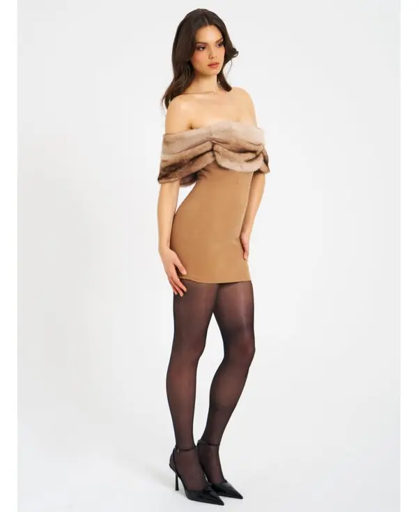 brown dress with fur trim Miss Circle New York Nadira Off-Shoulder Faux Mini In - 50% Off Elspeth dress