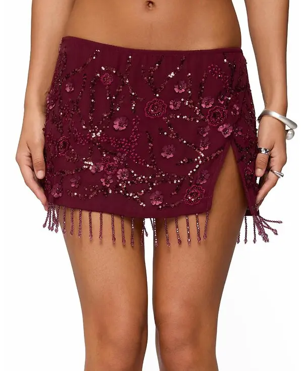 EDIKTED Chiffon Mini Skirt With Sequin, Bead, And Fringed Detail