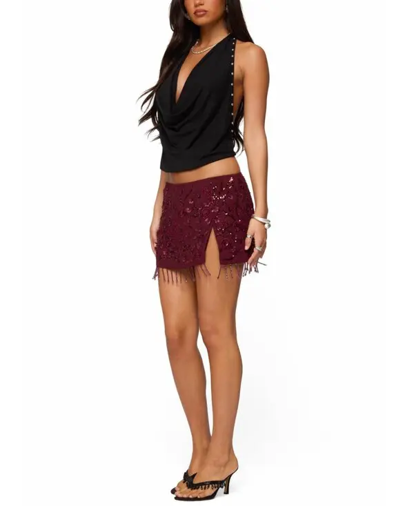 EDIKTED Chiffon Mini Skirt With Sequin, Bead, And Fringed Detail