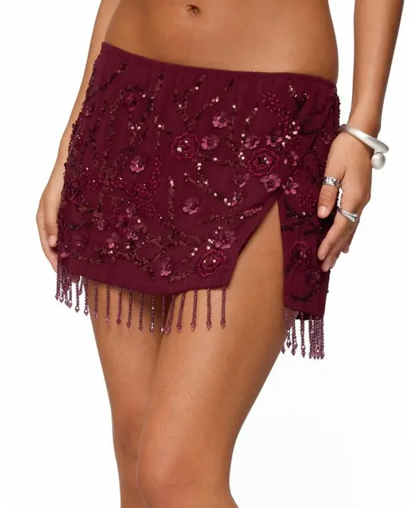 EDIKTED Chiffon Mini Skirt With Sequin, Bead, And Fringed Detail