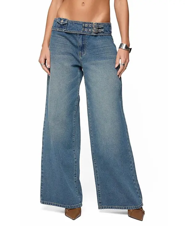EDIKTED Double Buckle Baggy Jeans - Blue