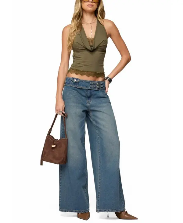 EDIKTED Double Buckle Baggy Jeans - Blue
