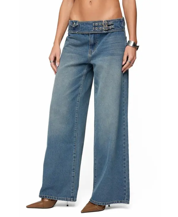 EDIKTED Double Buckle Baggy Jeans - Blue