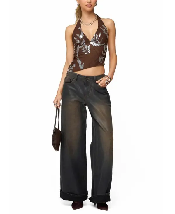EDIKTED Sequin Asymmetric Mesh Halter Top