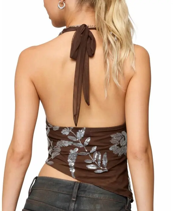 EDIKTED Sequin Asymmetric Mesh Halter Top
