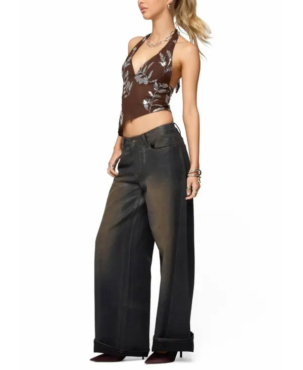EDIKTED Sequin Asymmetric Mesh Halter Top