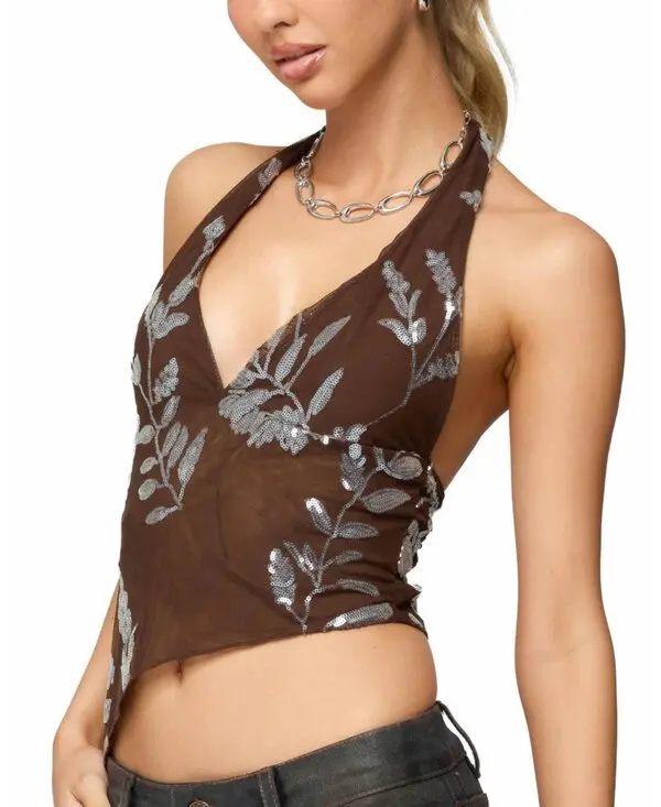 EDIKTED Sequin Asymmetric Mesh Halter Top