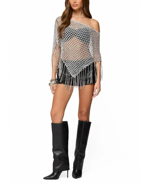 EDIKTED Evette Fringe Open Knit Metallic Poncho
