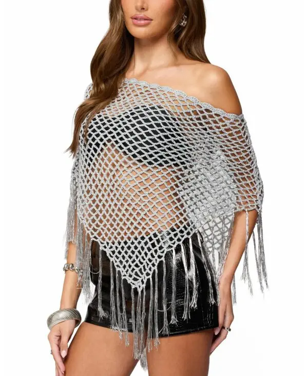 EDIKTED Evette Fringe Open Knit Metallic Poncho
