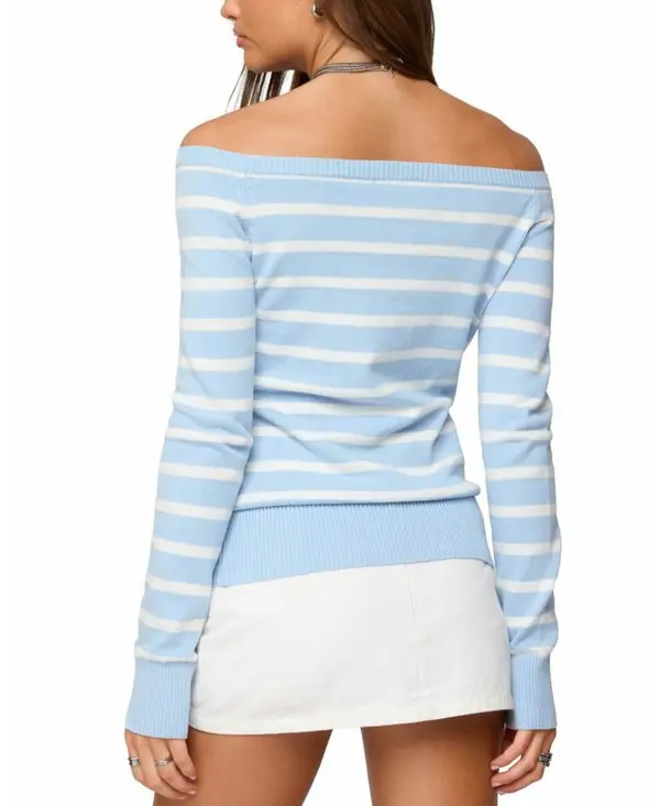 EDIKTED Lori Striped Off Shoulder Sweater - Light-blue
