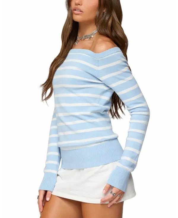 EDIKTED Lori Striped Off Shoulder Sweater - Light-blue