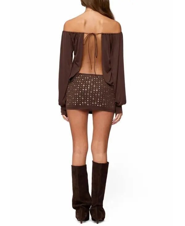 EDIKTED Studded Off Shoulder Backless Romper