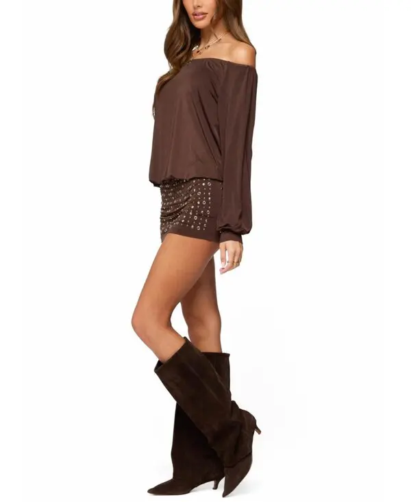 EDIKTED Studded Off Shoulder Backless Romper