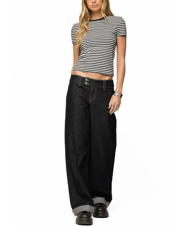 EDIKTED Cuffed Low Rise Straight Leg Jeans - Black-washed