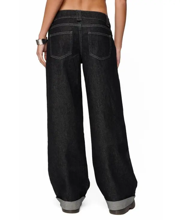 EDIKTED Cuffed Low Rise Straight Leg Jeans - Black-washed