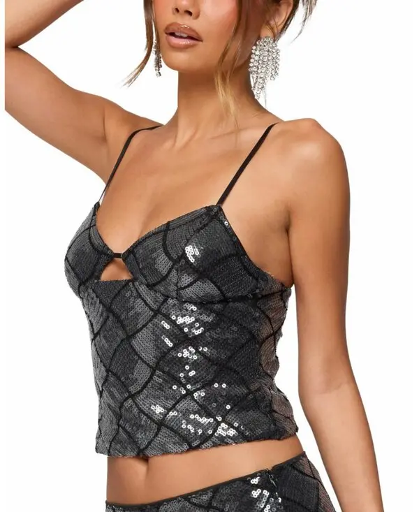 EDIKTED Stajie Diamond Sequin Cut Out Top