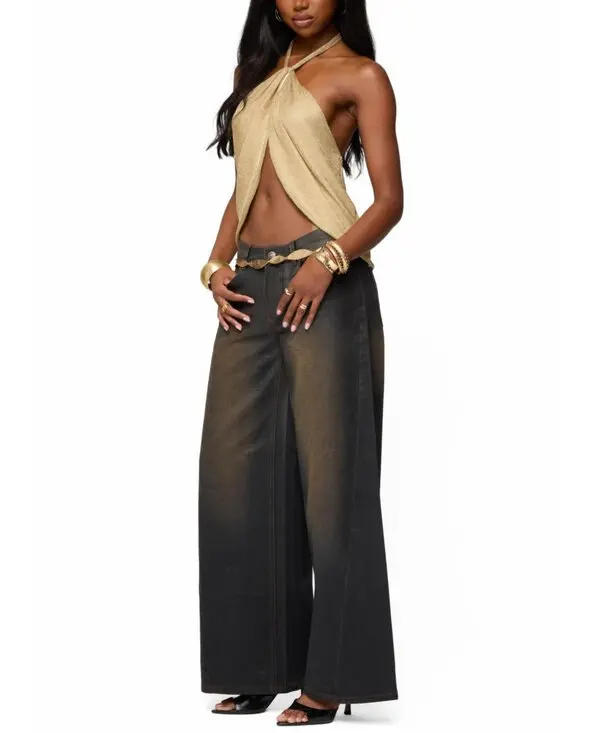 EDIKTED Stasia Sparkly Knit Split Front Top - Gold