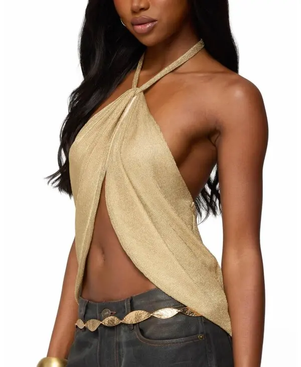 EDIKTED Stasia Sparkly Knit Split Front Top - Gold