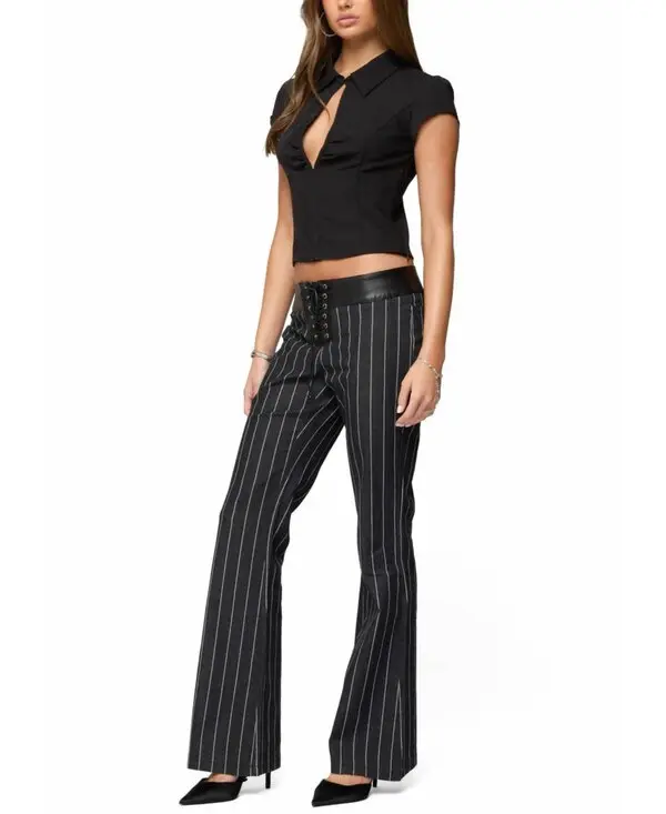 EDIKTED Pinstripe Low Rise Flared Jeans