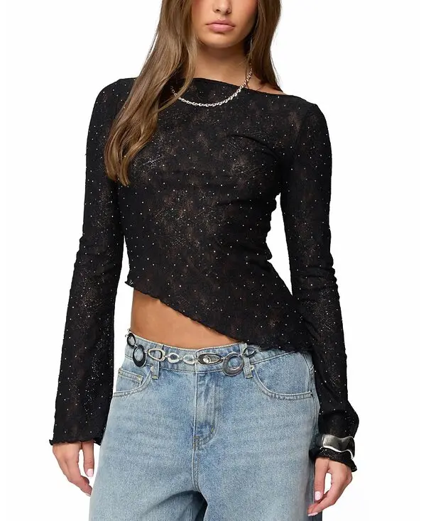 EDIKTED Mare Asymmetric Gem Sheer Lace Top - Black