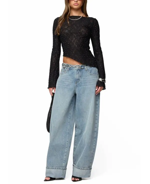 EDIKTED Mare Asymmetric Gem Sheer Lace Top - Black
