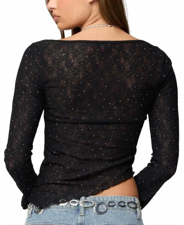EDIKTED Mare Asymmetric Gem Sheer Lace Top - Black