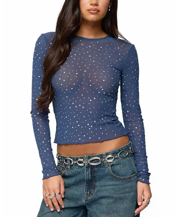 EDIKTED Rhinestone Mesh Top