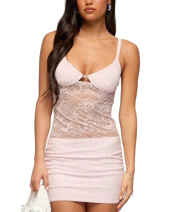 EDIKTED Rhinestone Sheer Lace Mini Dress - Pink