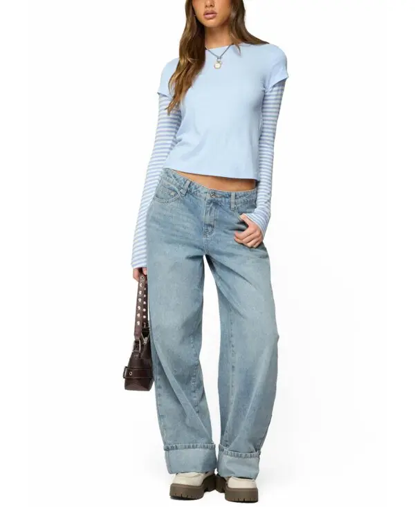 EDIKTED Stripey Layered Long Sleeve T-shirt - Light-blue