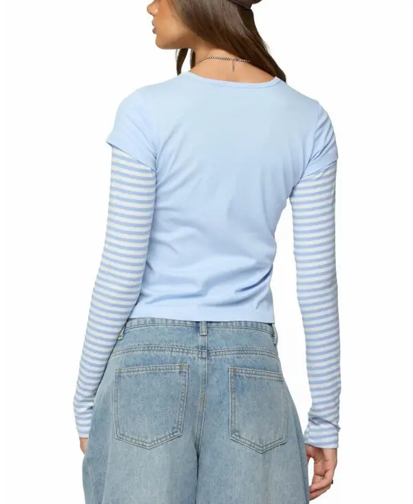 EDIKTED Stripey Layered Long Sleeve T-shirt - Light-blue