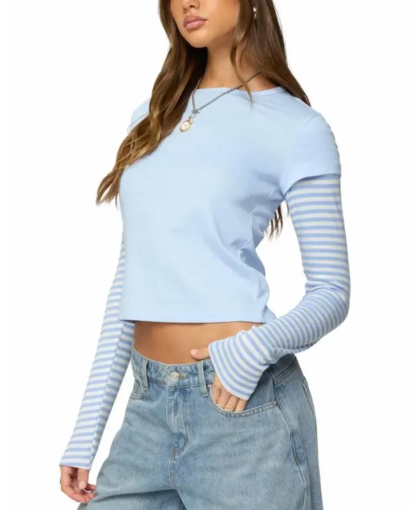 EDIKTED Stripey Layered Long Sleeve T-shirt - Light-blue